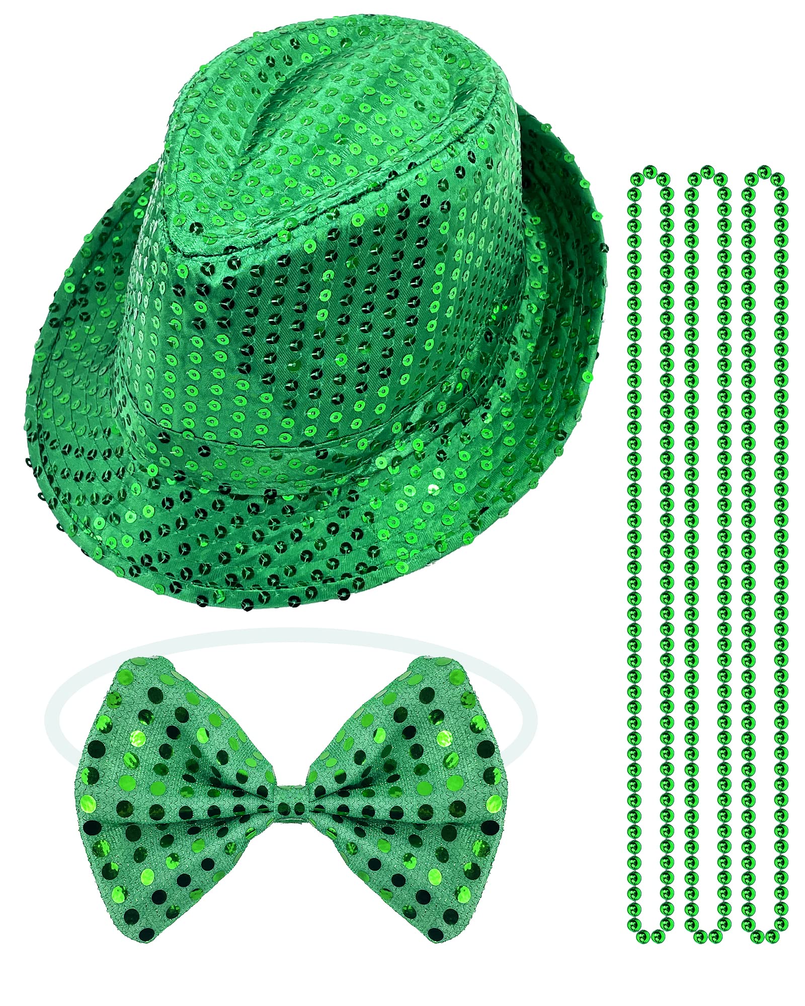 St Patrick's Day Fedora Hat Green Sequin Irish Hat for Men Women Paddy's Day Fancy Cap Western Fashion Sequin Bow Tie and 3 Green Beads