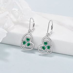 VONALA Clover Earrings 925 Sterling Silver Green Shamrock Leverback Earrings Irish Heart Drop Dangele Earrings ST Patricks Day Lucky Jewelry Gift for Women