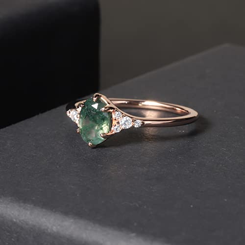 Engagement Rings Women Gifts Natural Oval Green Moss Agate Rose Gold Ring Sterling Silver women Gold Rings Moss Agate Jewelry(Size8)