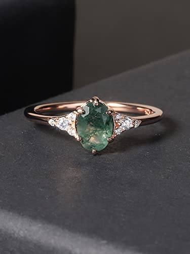 Engagement Rings Women Gifts Natural Oval Green Moss Agate Rose Gold Ring Sterling Silver women Gold Rings Moss Agate Jewelry(Size8)