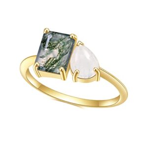 gem's beauty milky blue moonstone green moss agate gold sterling silver toi et moi ring women gold rings moss agate jewelry engagement rings women gifts(size6)