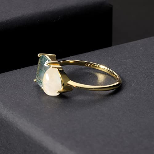 Gem's Beauty Milky Blue Moonstone Green Moss Agate Gold Sterling Silver Toi et Moi Ring Women Gold Rings Moss Agate Jewelry Engagement Rings Women Gifts(Size6)