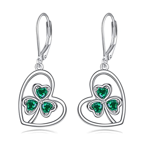 VONALA Clover Earrings 925 Sterling Silver Green Shamrock Leverback Earrings Irish Heart Drop Dangele Earrings ST Patricks Day Lucky Jewelry Gift for Women