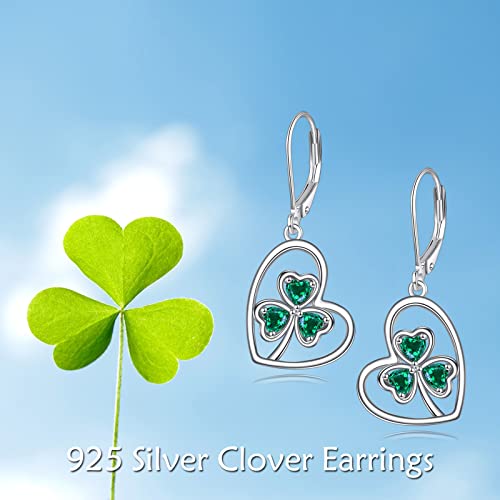 VONALA Clover Earrings 925 Sterling Silver Green Shamrock Leverback Earrings Irish Heart Drop Dangele Earrings ST Patricks Day Lucky Jewelry Gift for Women