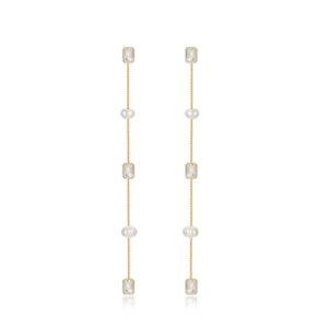 ettika gold earrings. pearl earrings for women. freshwater pearl and crystal linear 18k gold plated dangle earrings. birthday gifts for women