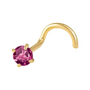 14k solid yellow gold natural genuine pink tourmaline nose stud 20 ga, twisted crooked screw nose stud, screw nose stud, body jewelry real gold (2mm)