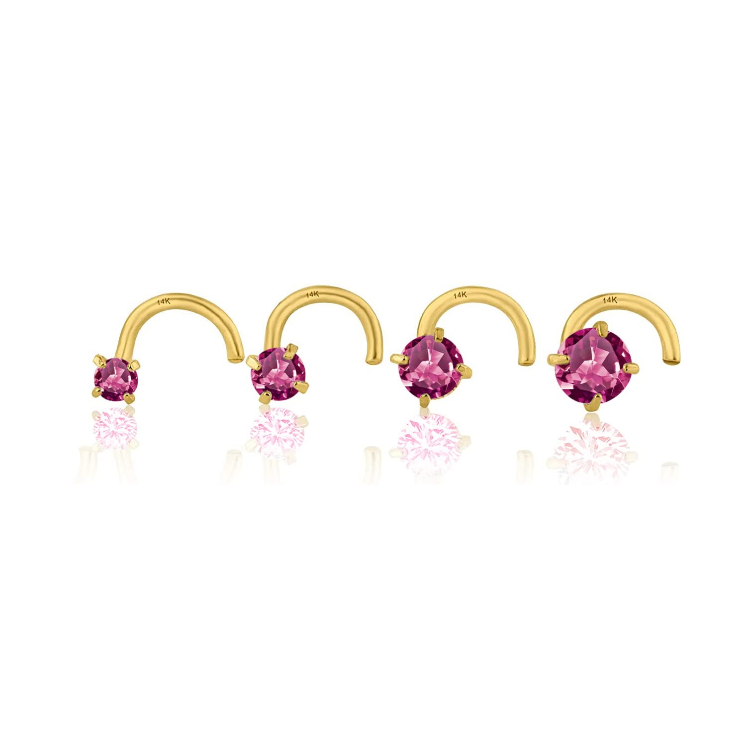 14K Solid Yellow Gold Natural Genuine Pink Tourmaline Nose Stud 20 GA, Twisted Crooked Screw Nose Stud, Screw Nose Stud, Body Jewelry Real Gold (2mm)