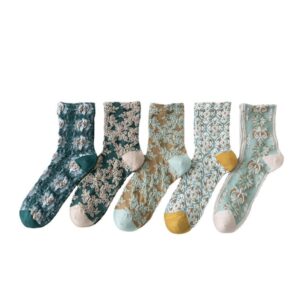 alafime 5 pairs women's warm socks kawaii floral socks cutecore cotton socks y2k pretty vintage embroidered socks (5 pairs floral socks)