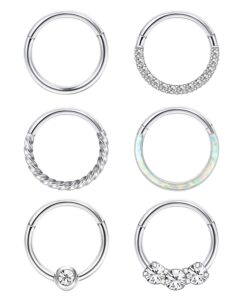 jstyle 6pcs septum rings 16g 18g surgical steel nose rings hoop for women cartilage hoop earring clicker septum jewelry opal hinged nose ring lip helix daith rook tragus nose piercing jewelry 18g 10mm