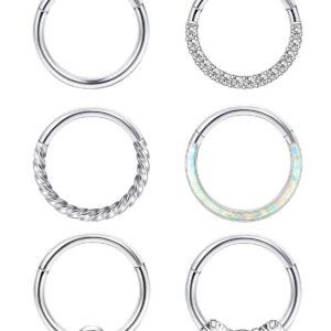 Jstyle 6Pcs Septum Rings 16G 18G Surgical Steel Nose Rings Hoop for Women Cartilage Hoop Earring Clicker Septum Jewelry Opal Hinged Nose Ring Lip Helix Daith Rook Tragus Nose Piercing Jewelry 18G 10mm