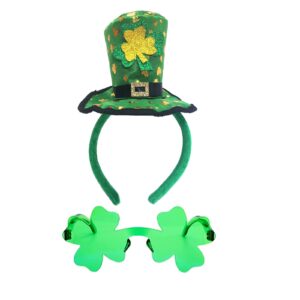 eyigylyo st. patrick's day top hat headband with shamrock green sunglasses, irish green shamrock mini hat dress up hair costume accessories leprechaun hat for women and children