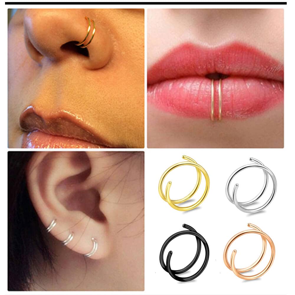 Double Hoop Nose Ring for Single Piercing,Snug Spiral Nose Ring 20G 8mm Thin Nose Rings Hoops Piercing Jewelry for Women Men(Right Side 4PCS 8mm)