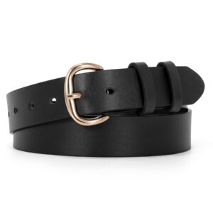 jasgood women black leather belt for jeans pants gold buckle lady casual dress waist belt (fit waist size 31-35inch)