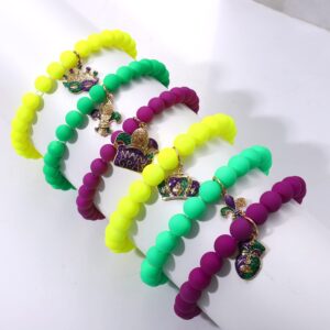 NLCAC Mardi Gras Bracelets for Women Glitter Mask Crown Fleur De Lis Charm Bracelets Purple Green Gold Beaded Stretch Bracelets Carnival Holiday Accessory Party Gifts