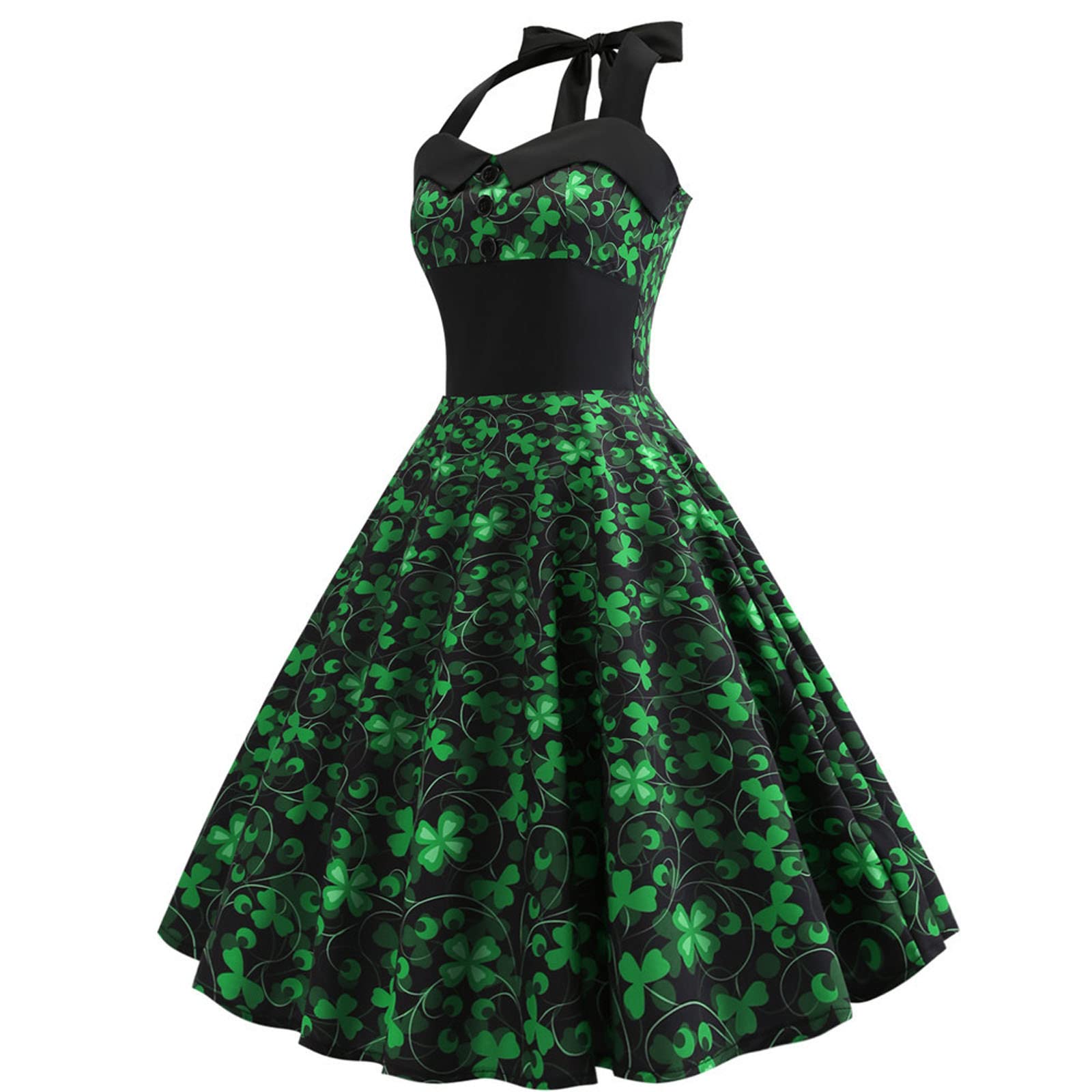 Dresses for Women St. Patrick's Day Sleeveless R-Neck Printing Vintage Gown Party Retro Swing Halter Dress Green