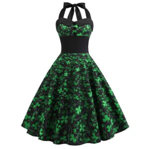 dresses for women st. patrick's day sleeveless r-neck printing vintage gown party retro swing halter dress green