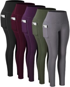 chrleisure leggings with pockets for women, high waisted tummy control workout yoga pants(5 packs, black,gray,green,purple,cassis, s)