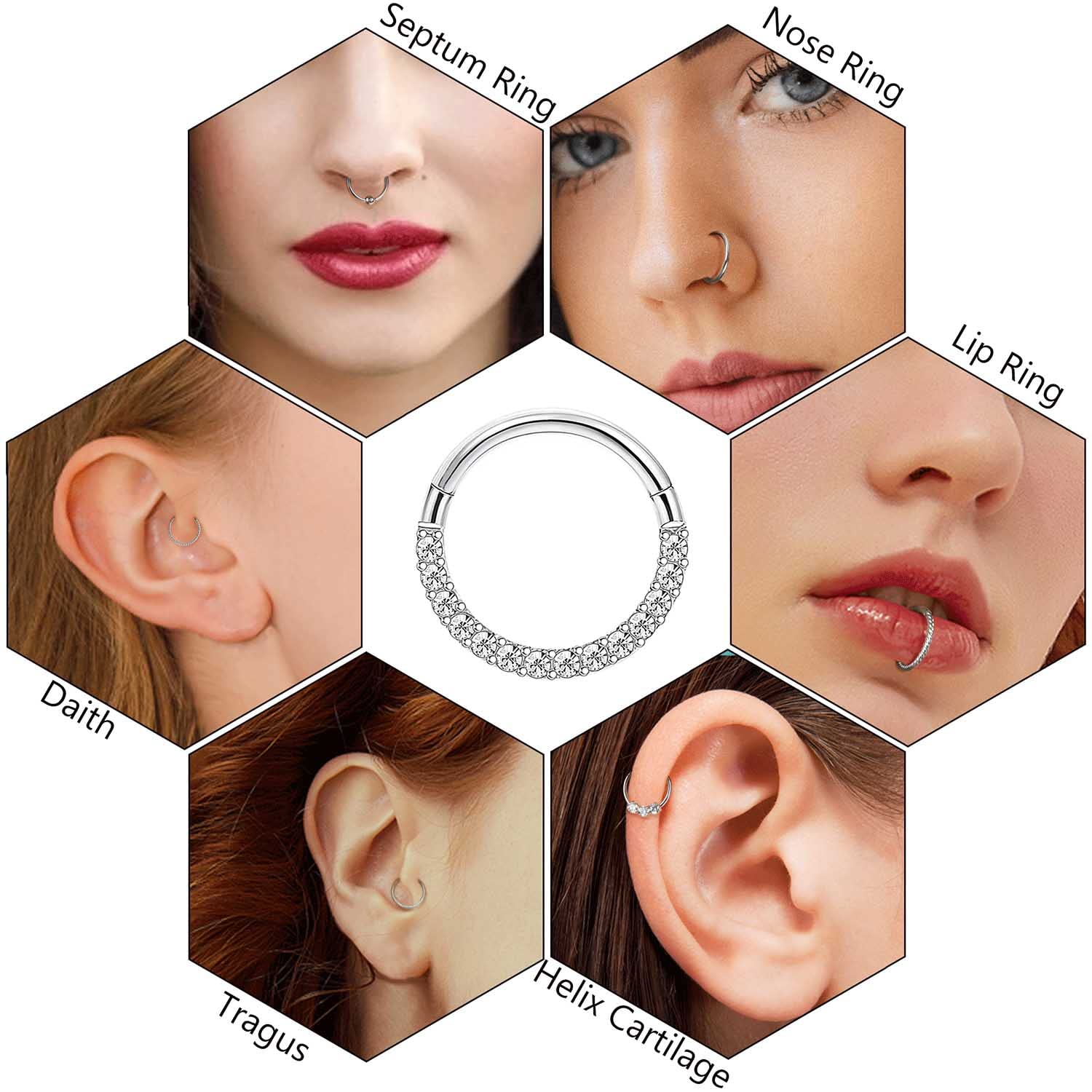 Jstyle 6Pcs Septum Rings 16G 18G Surgical Steel Nose Rings Hoop for Women Cartilage Hoop Earring Clicker Septum Jewelry Opal Hinged Nose Ring Lip Helix Daith Rook Tragus Nose Piercing Jewelry 18G 10mm