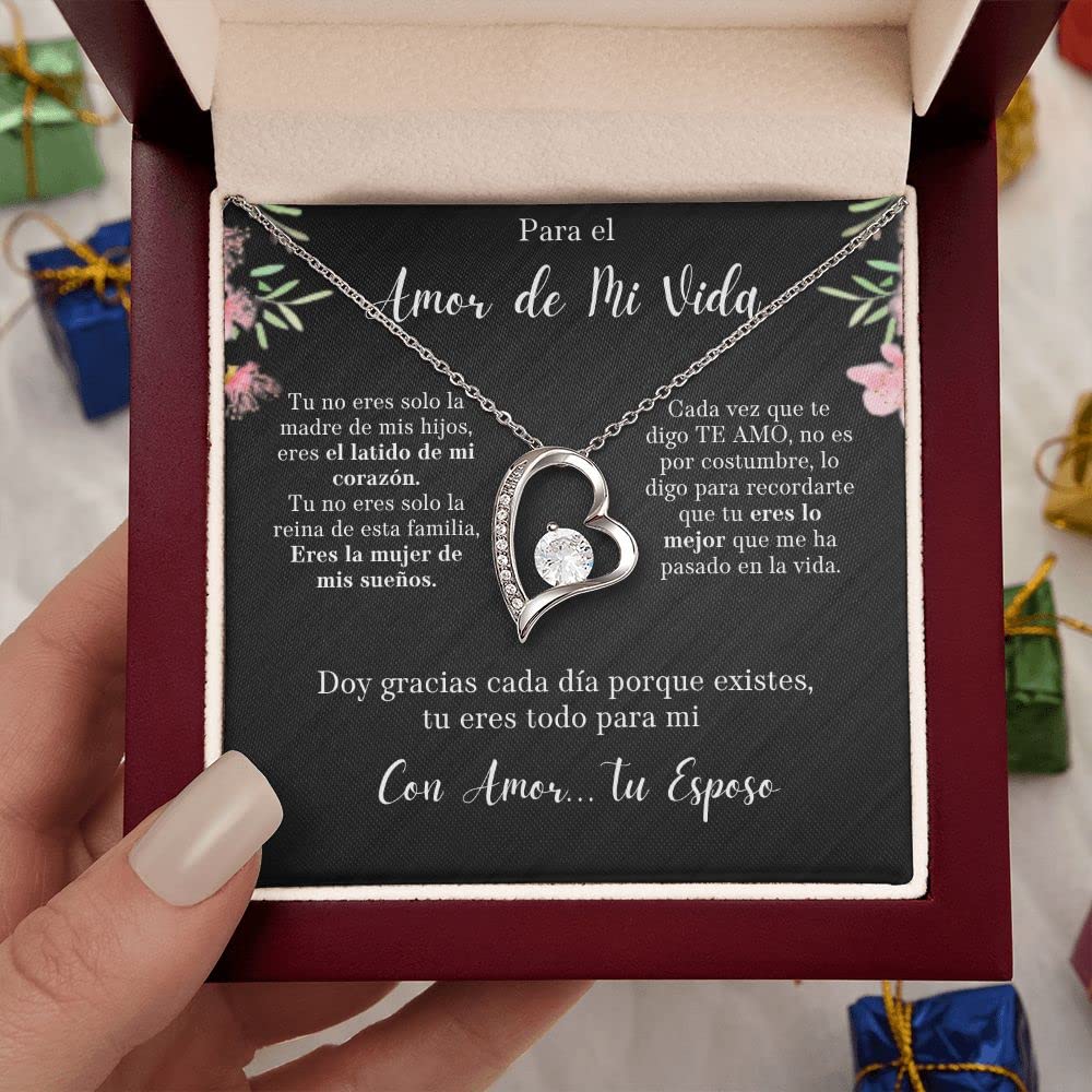 Regalo Para El Amor De Mi Vida Regalo Para Esposa Aniversario De Matrimonio Collar De Corazon Joya Para Mujer Regalo de Esposo Para Esposa Con Caja De Regalo y Tarjeta Mensaje Personalizado De Amor Incuido (14k White Gold Finish/Luxury Gift Box w/LED)