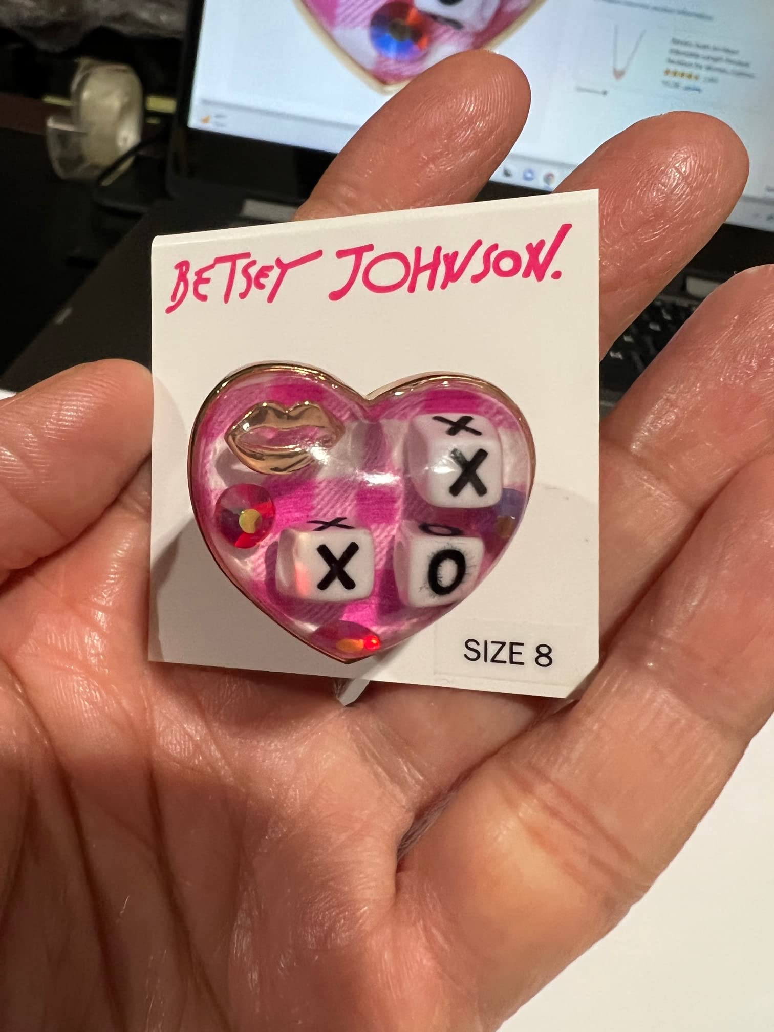 Betsey Johnson Chunky Fuchsia Pink Resin Heart Ring XOX and Gingham Size 8 NWT Valentine's Day Gift Idea Mother's Day XMAS Christmas Present LOVE Heart