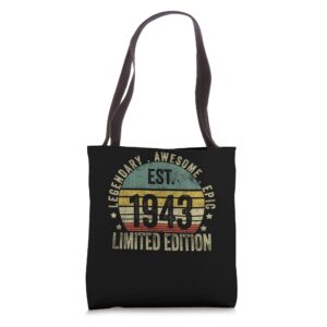 80th birthday vintage 80 year old est 1943 limited edition tote bag