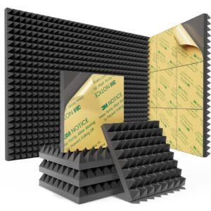 sonicism 12 pack pyramid sound proof foam panels with self-adhesive, 12" x 12" x 2" acoustic foam panels of high density, soundproof wall panels fast expand, sound absorption and decoration (black)