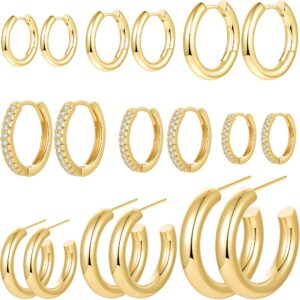 cuicanstar 9 pairs chunky gold hoop earrings lightweight 14k gold hoops earrings minimalist cubic zirconia huggie earrings set for women