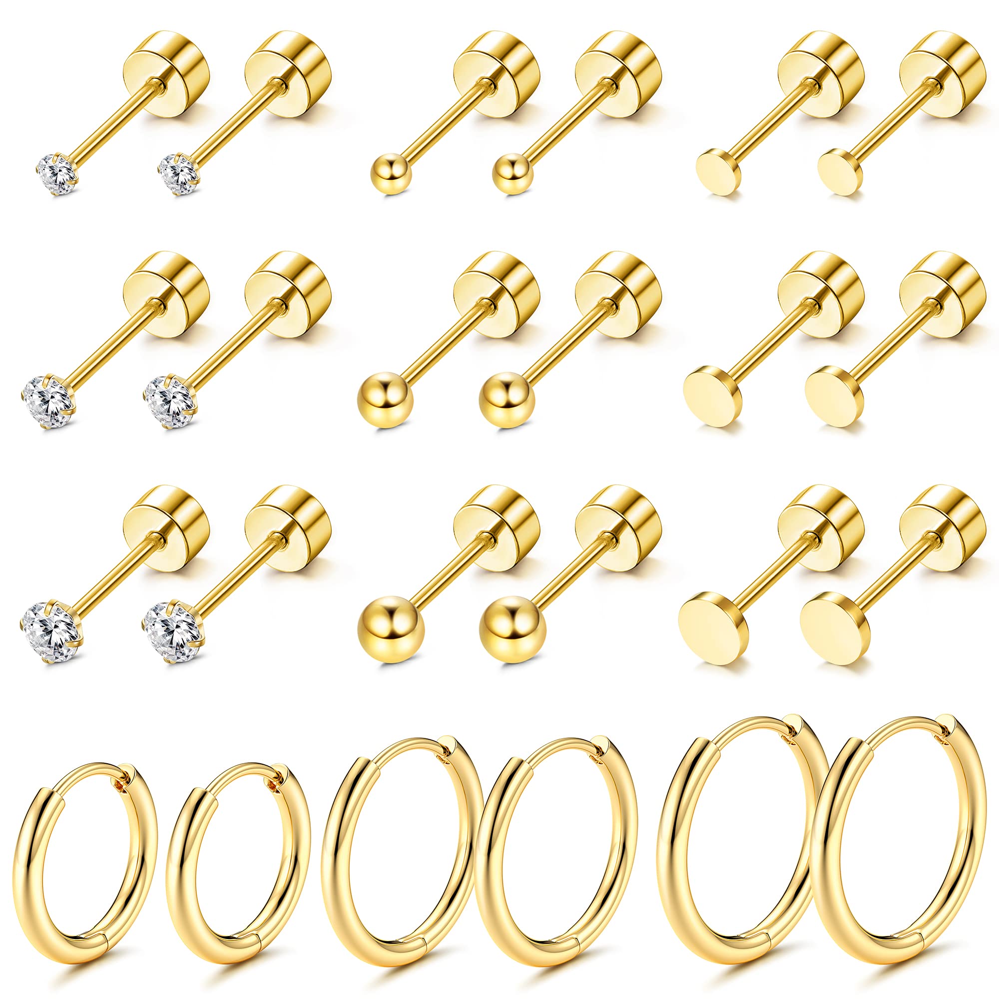 LOYALLOOK Gold Plated Cartilage Earrings Tiny Stud Earrings Stainless Steel Earring Sets for Multiple Piercings Small Huggie Hoop Earrings CZ Ball Flat Back Earrings for Women, Gold