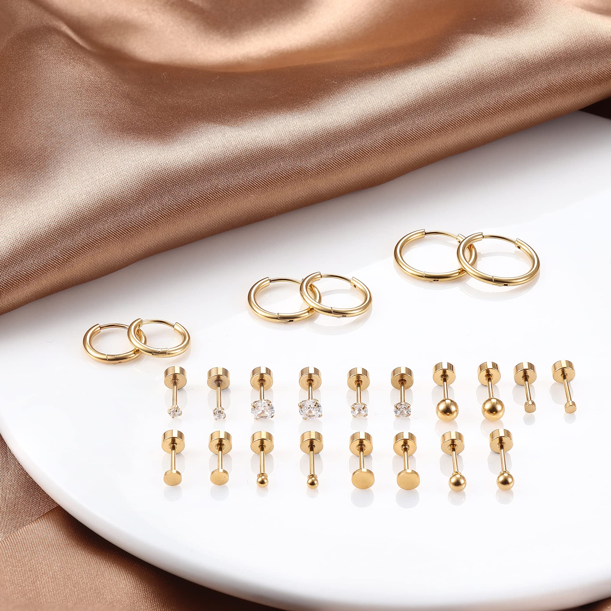 LOYALLOOK Gold Plated Cartilage Earrings Tiny Stud Earrings Stainless Steel Earring Sets for Multiple Piercings Small Huggie Hoop Earrings CZ Ball Flat Back Earrings for Women, Gold