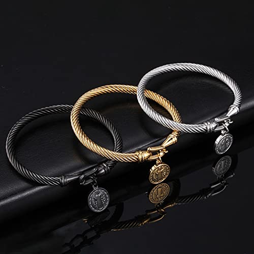 Stainless Steel Jesus San Benito Wire Bangles Saint Benedict Medal Charm Bracelet For Women Religious Jewelry Gift