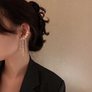 Yumikoo Tassel Ear Cuff Earrings for Women - Rhinestone Copper Ear Clip