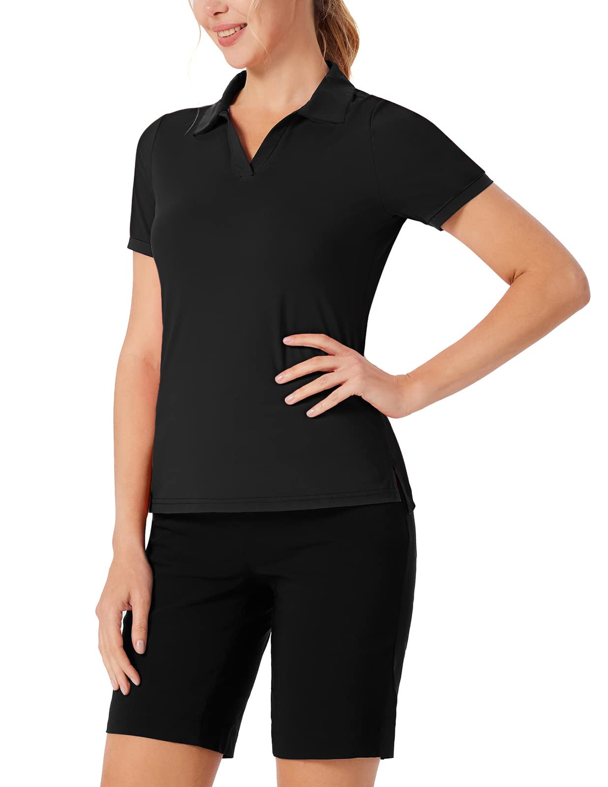 Golf Shirt for Women UPF 50+ Short Sleeve Polo Shirt Breathable Moisture Wicking Tennis Top Golf Apparel(Black,M)