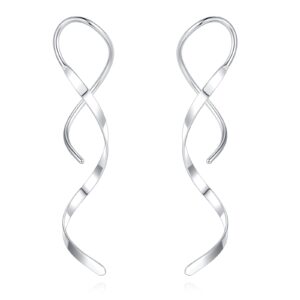 spiral threader earrings for women, stainless steel drop dangle handmade twisted linear curved dangling minimal earrings (silver)