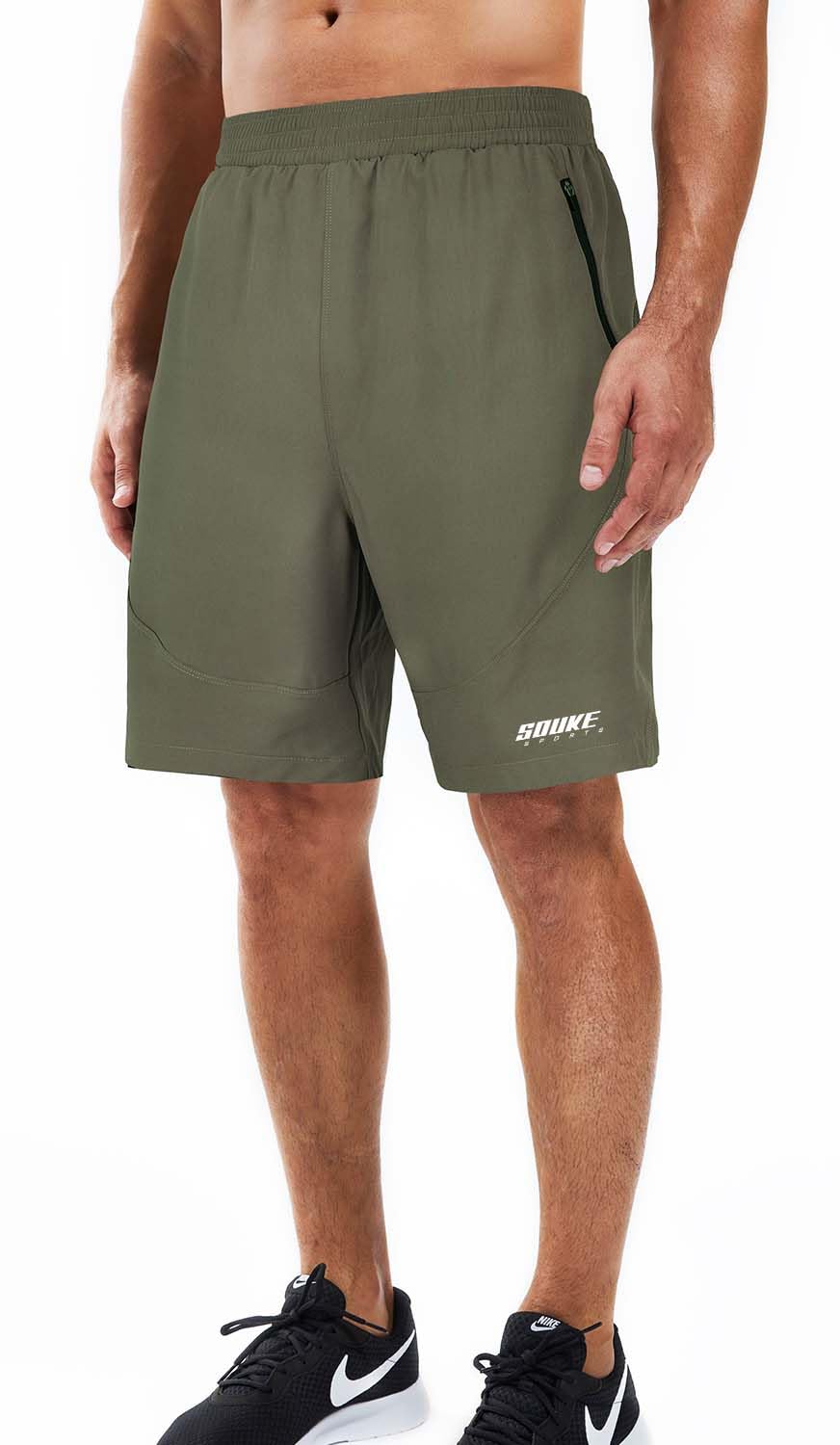 Souke Sports Men's 2 in 1 Workout Running Shorts 7" Quick Dry Gym Athletic Shorts Army Green Liner Zipper Pockets