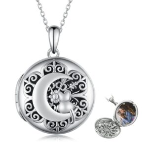 cat moon locket necklace 925 sterling silver that holds pictures photo keep someone near to you cat locket moon locket