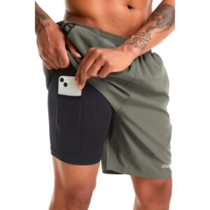 Souke Sports Men's 2 in 1 Workout Running Shorts 7" Quick Dry Gym Athletic Shorts Army Green Liner Zipper Pockets