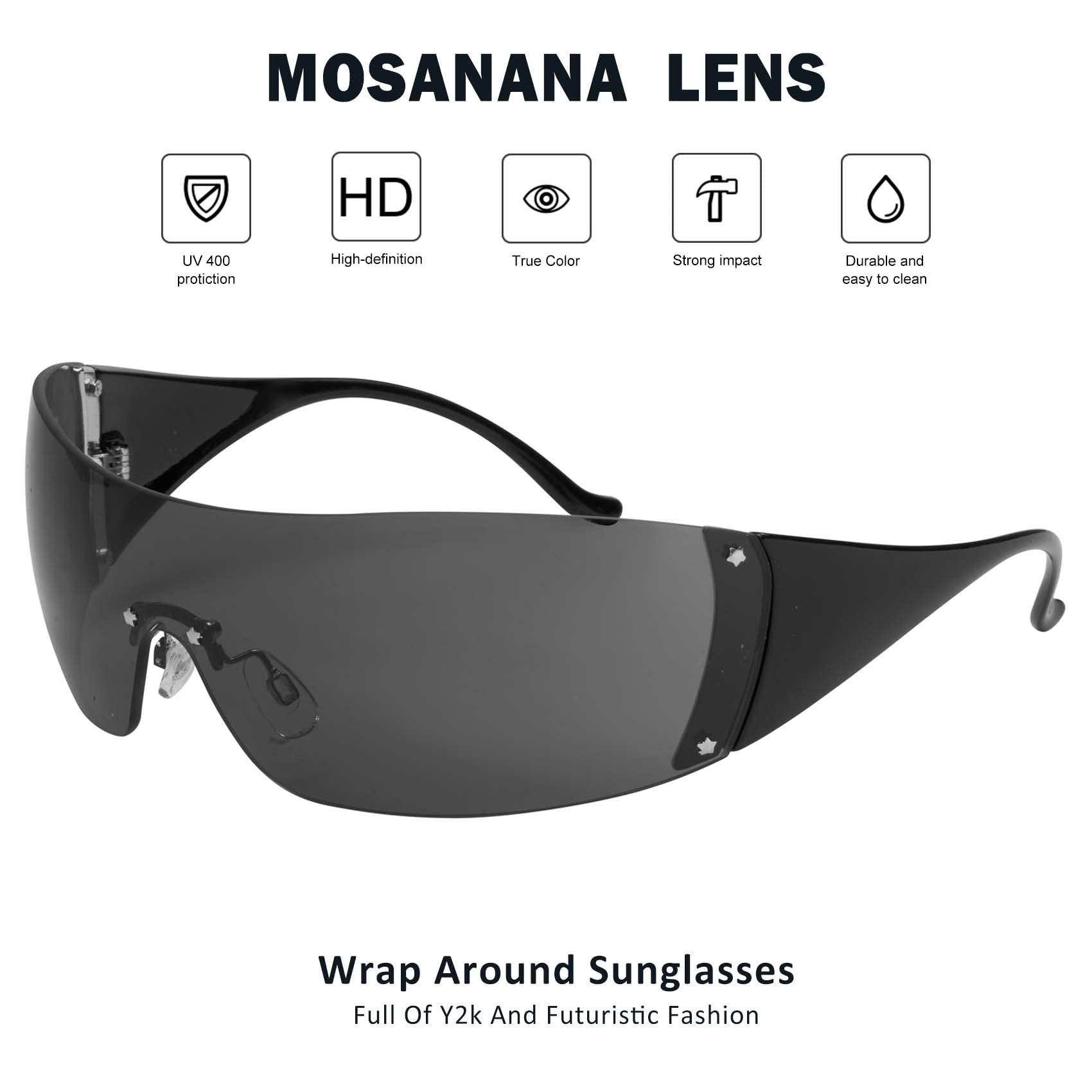 mosanana Y2K Wrap Around Sunglasses for Women Black Futuristic Trendy Fashion Cool Shield 2000s Shade Cute Funky Stylish Aesthetic Go Back