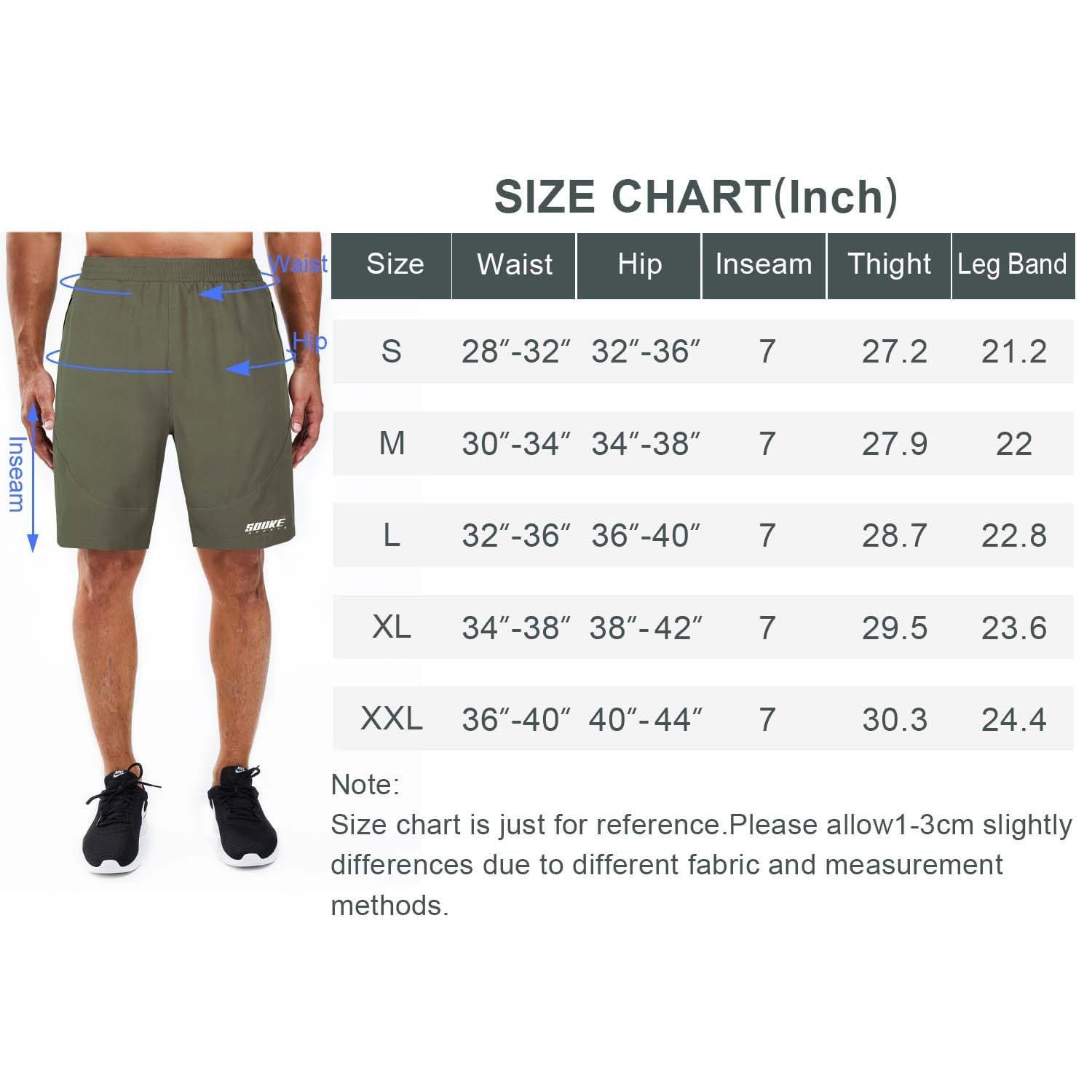 Souke Sports Men's 2 in 1 Workout Running Shorts 7" Quick Dry Gym Athletic Shorts Army Green Liner Zipper Pockets