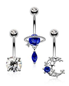 melighting 14g belly button rings pack stainless steel 316l blue belly rings for women clear cz planet belly piercing moon navel barbell body piercing jewelry (blue)