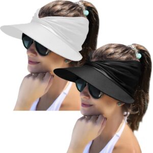 mukeyo 2 packs womens sun visor hat wide brim summer upf 50+ uv protection beach sport cap black & white