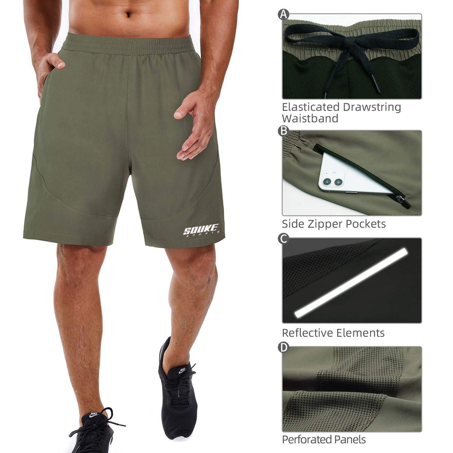 Souke Sports Men's 2 in 1 Workout Running Shorts 7" Quick Dry Gym Athletic Shorts Army Green Liner Zipper Pockets