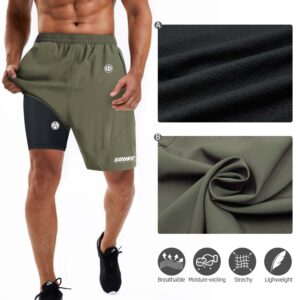 Souke Sports Men's 2 in 1 Workout Running Shorts 7" Quick Dry Gym Athletic Shorts Army Green Liner Zipper Pockets