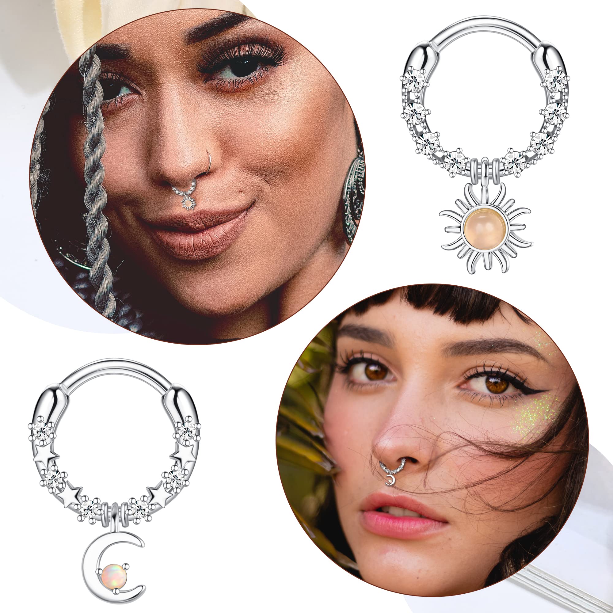 CASSIECA 16G Septum Rings Stainless Steel Dangle Septum Jewelry with Blue Plant Teardrop Clear CZ Butterfly Heart Moon Sun Daith Cartilage Helix Tragus Earrings Nose Rings Piercing Jewelry for Women