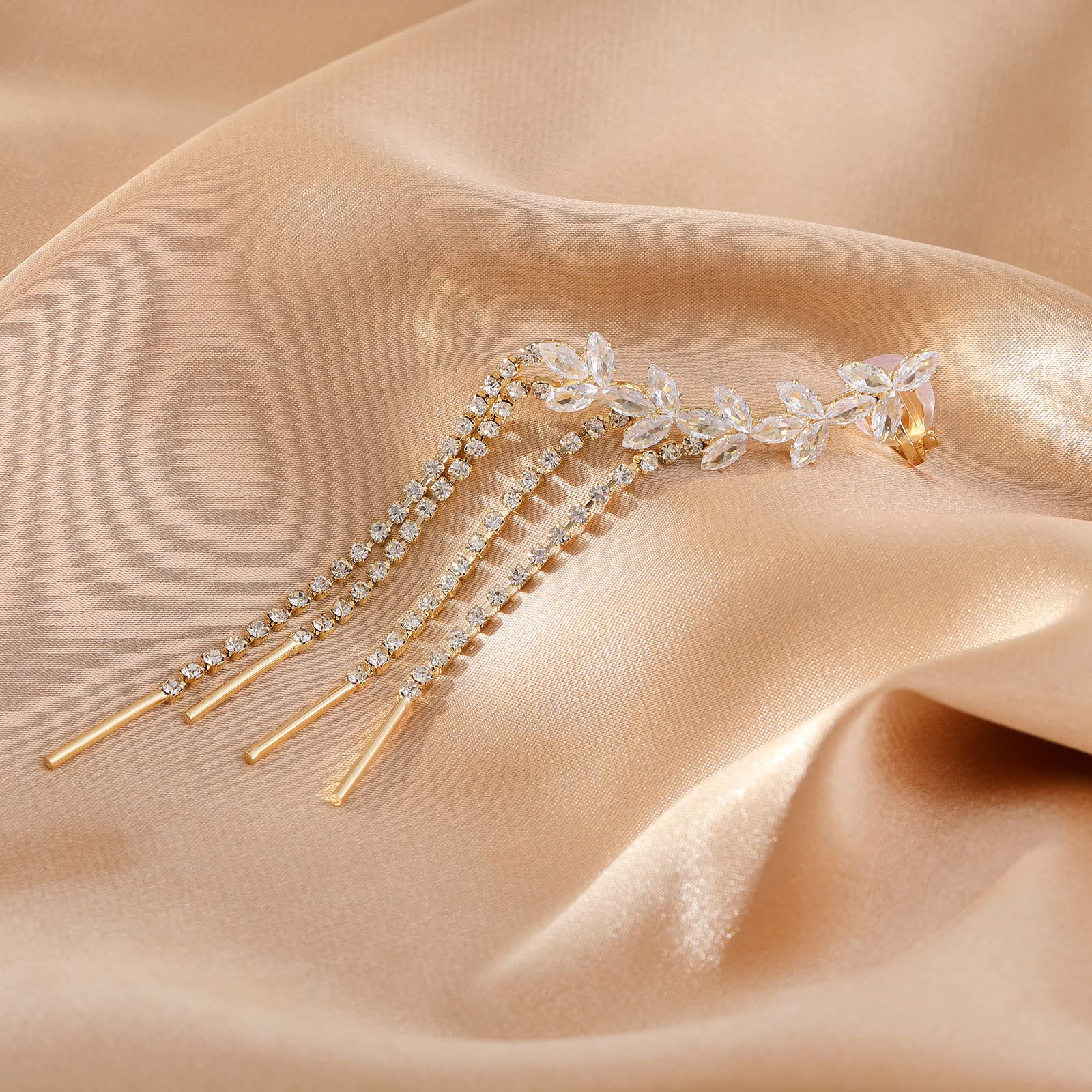 Yumikoo Tassel Ear Cuff Earrings for Women - Rhinestone Copper Ear Clip