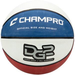 champro dura-grip 230 rubber basketball, women's size 28.5, red, white, and blue