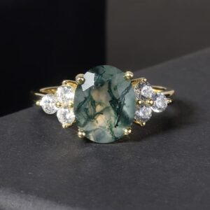 Gem's Beauty Green Moss Agate Jewelry Natural Moss Agate Engagement Gold Rings in 925 Sterling Silver for Women Wedding Moss Agate Ring Anniversary Jewelry Gift for Her (Size7)