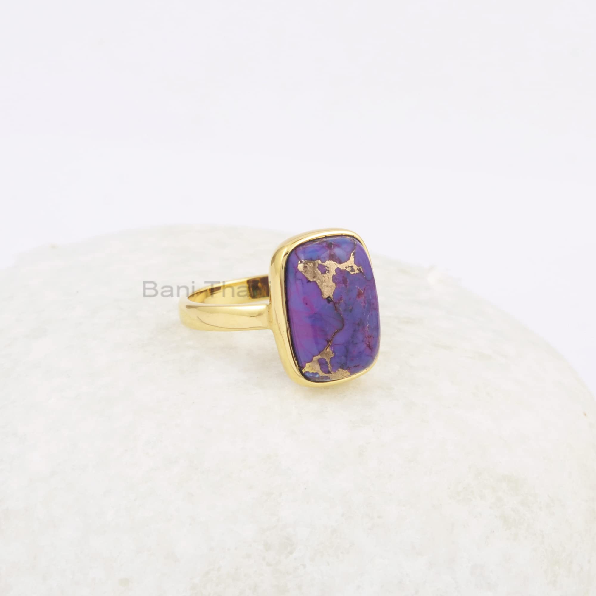 Purple Turquoise Ring, 10x14mm Cushion Gemstone Ring, Handmade Jewelry, Minimalist Ring, 925 Silver Ring, Gold plated Ring, Lite Weight Ring (Gold Plated, 5 US)