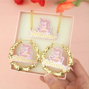 Name Necklace Personalized 18K Gold Plated Custom Bamboo Name Earrings Acrylic Customized Jewelry Set Gift for Women