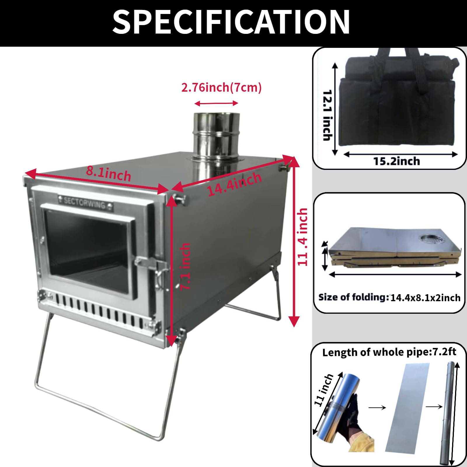 DANCHEL OUTDOOR sectorwing IS7 Portable Wood Stove for Tent Camping, Folding Tent Stove with 7.2ft Chimney Wood Burning 304 Stainless Steel, 2.76''Dia.