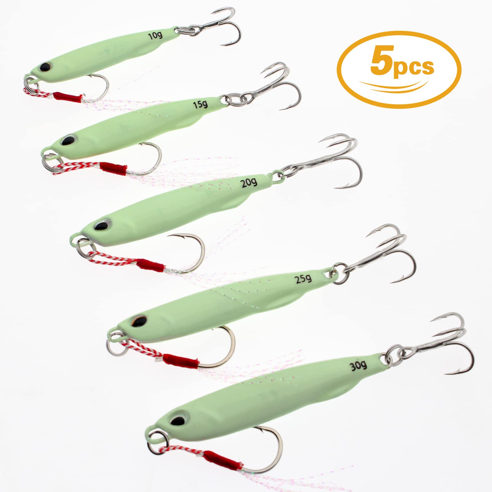 Luminous Fishing Jigs Spoons Lures, Metal Long Casting Jigging Spoon Lure Vertical Hard Swimbait for Walleye Bass Trout Freshwater & Saltwater (5pcs 0.35oz 0.53oz 0.7oz 1.06oz & 1.41oz)